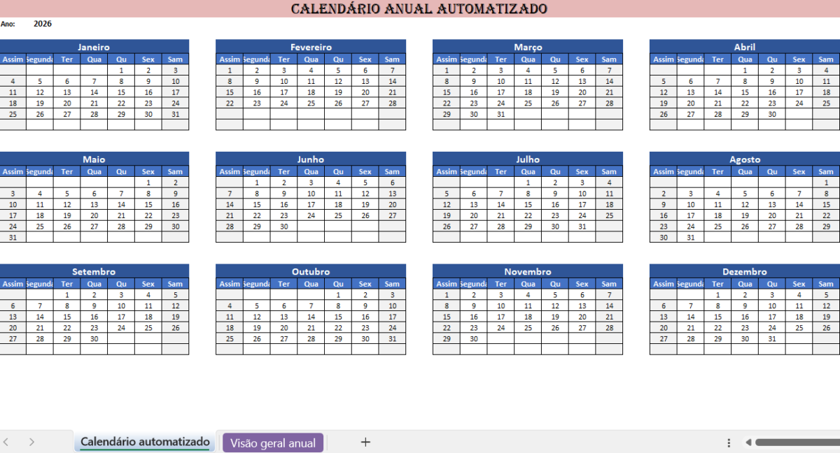 📅 Calendário Anual Automático em Excel Calendário Anual Automático em ...